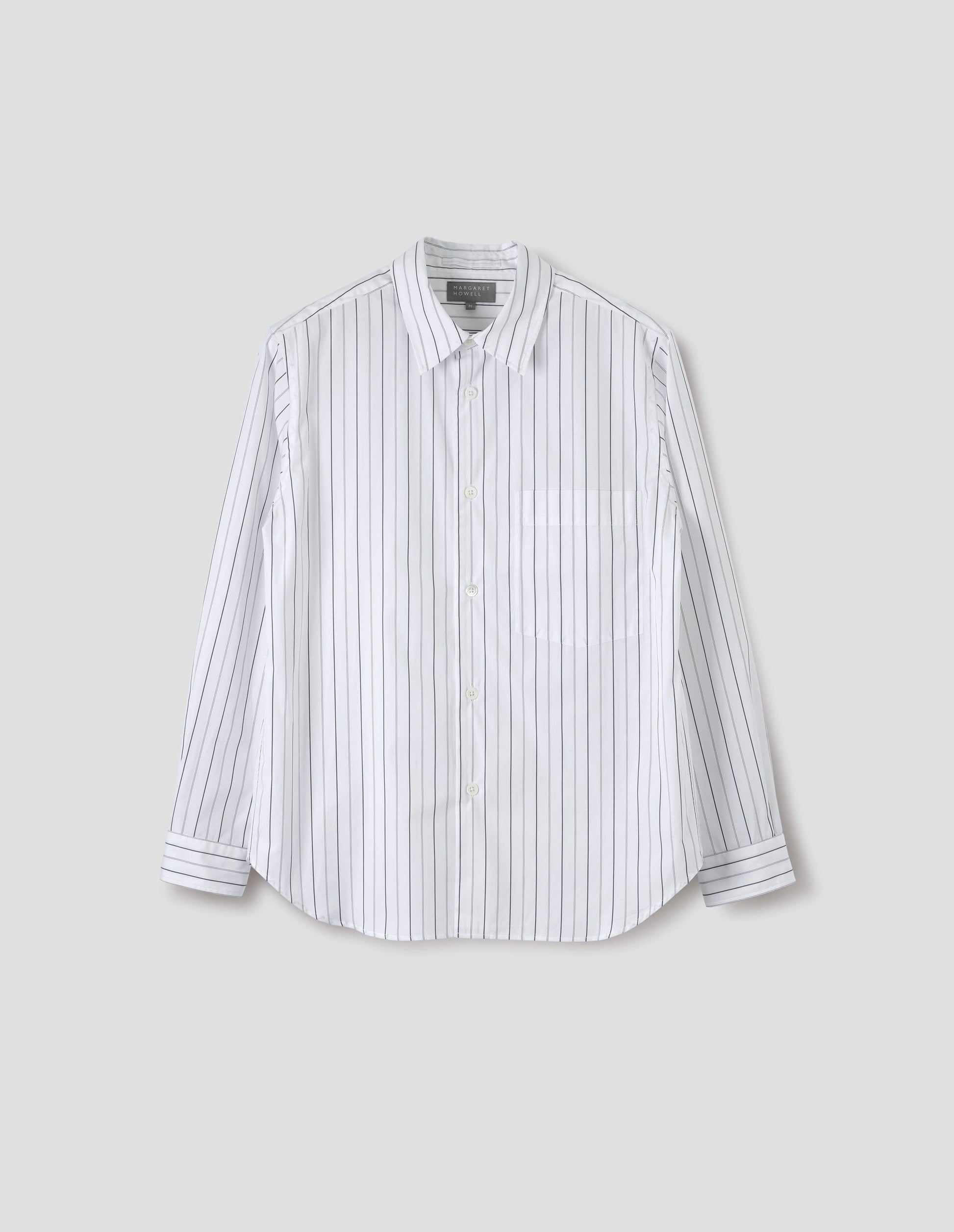 White charcoal wide graphic stripe cotton Basic Shirt | Margaret Howell